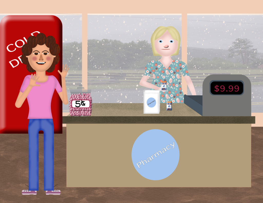 Candy the Pharmacy Cashier Scene with one character - Storyland Canada