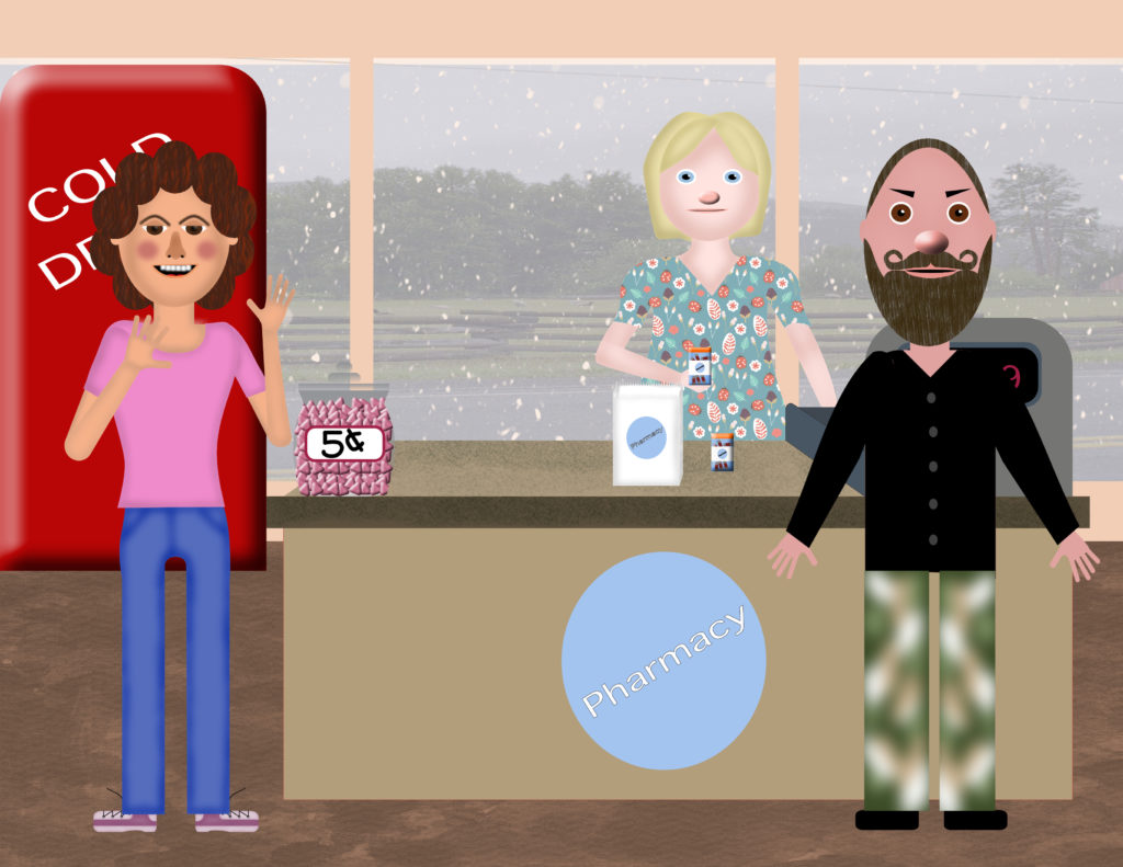 Candy the Pharmacy Cashier Scene with two characters - Storyland Canada